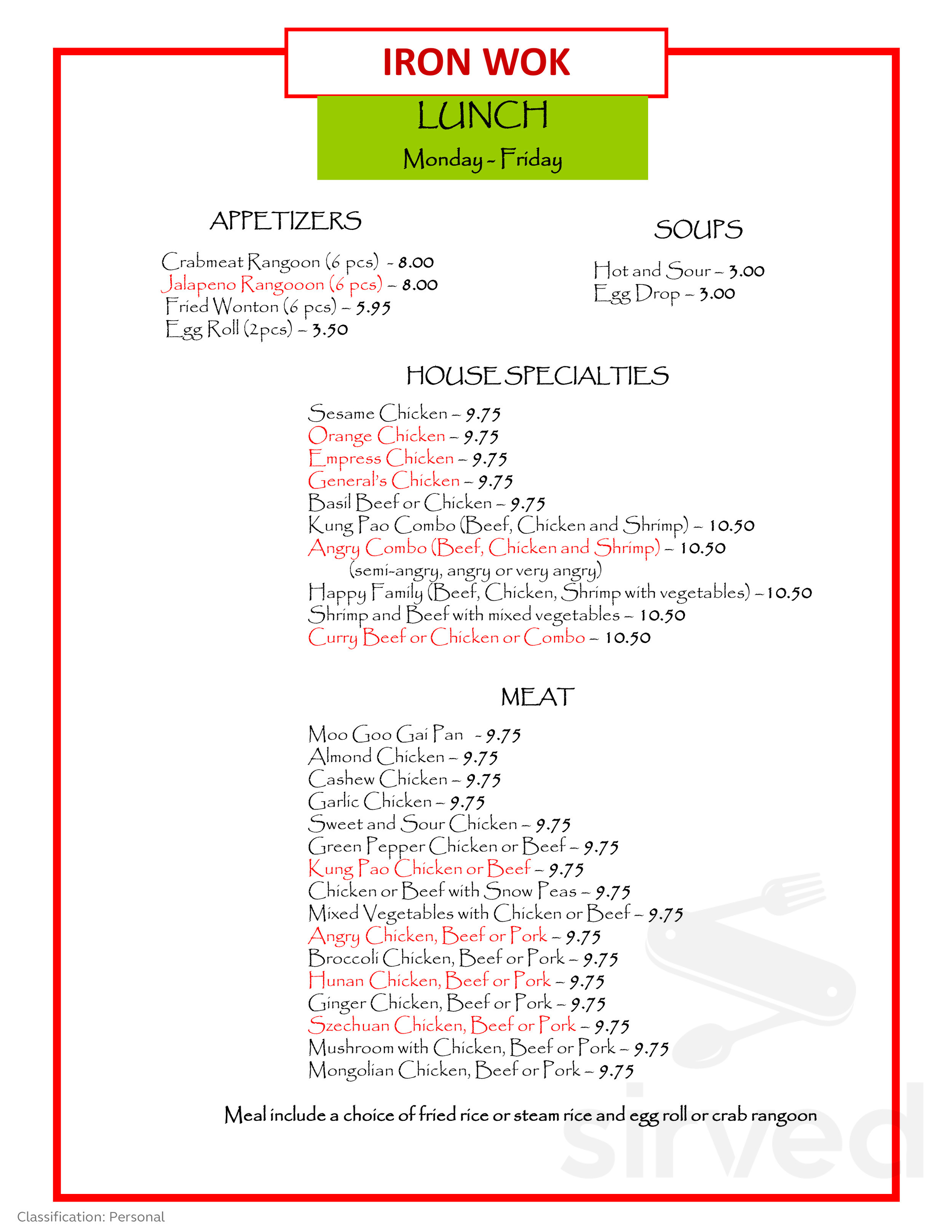 Iron Wok menu in West Des Moines, Iowa, USA