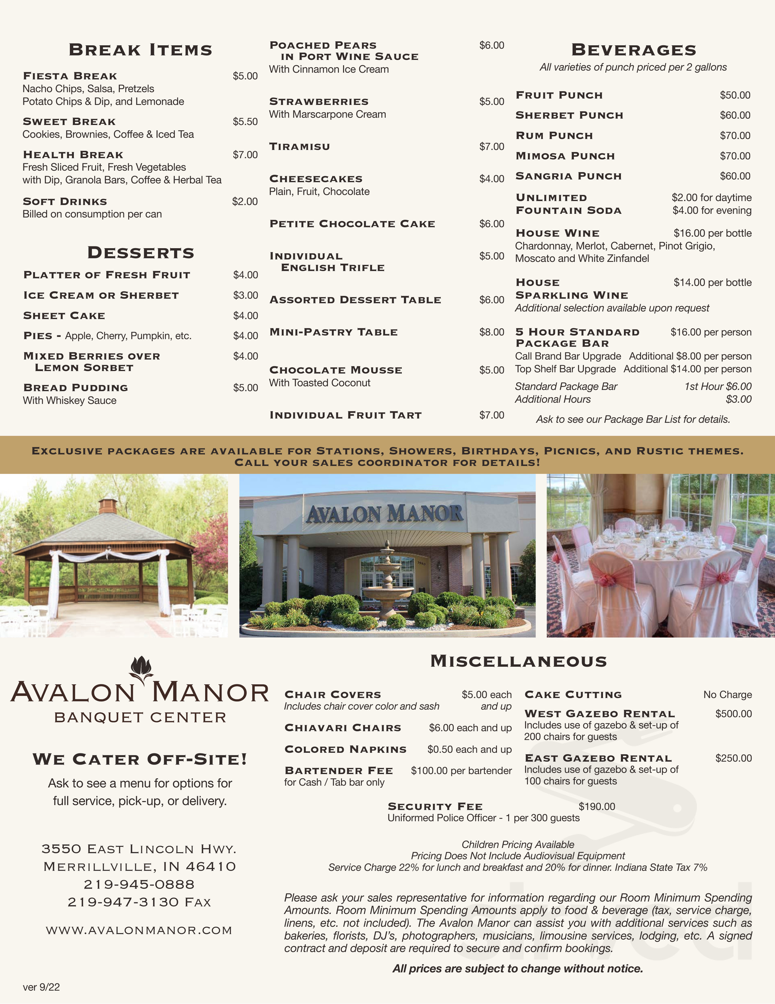 Avalon Manor Banquet Center menu in Merrillville, Indiana, USA