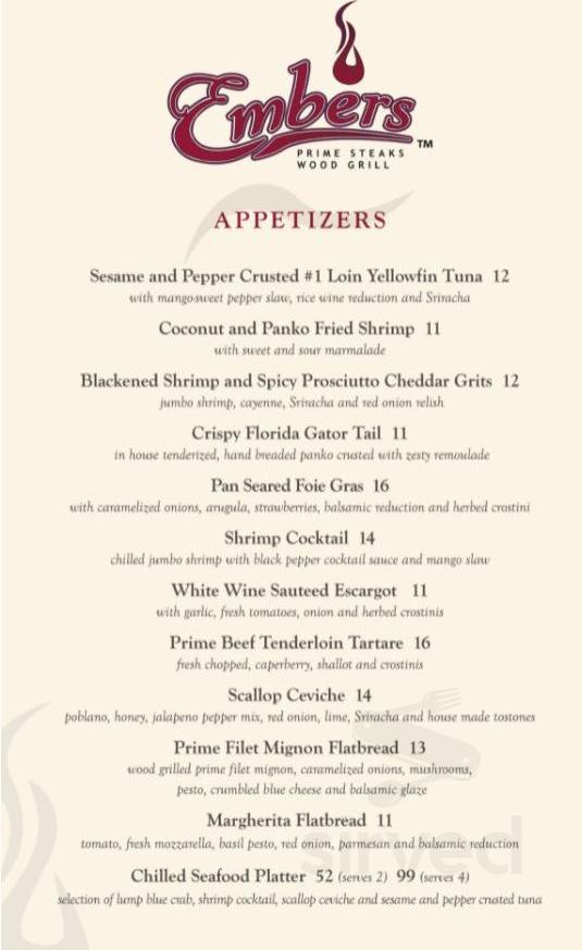 Embers Wood Grill menu in Gainesville, Florida, USA