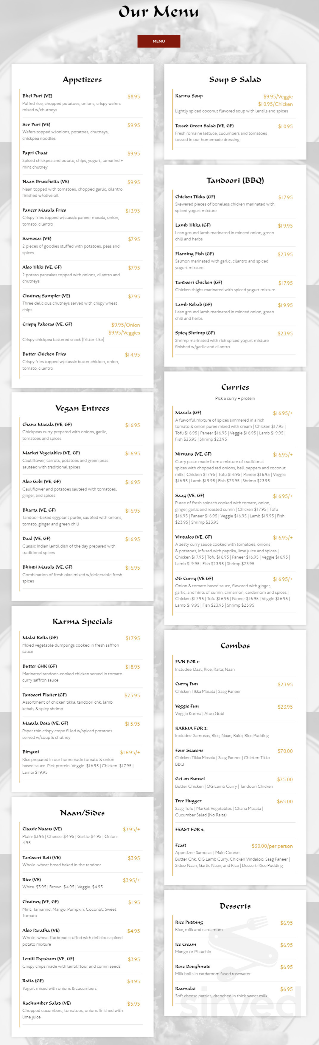 Electric Karma menu in Los Angeles, California, USA