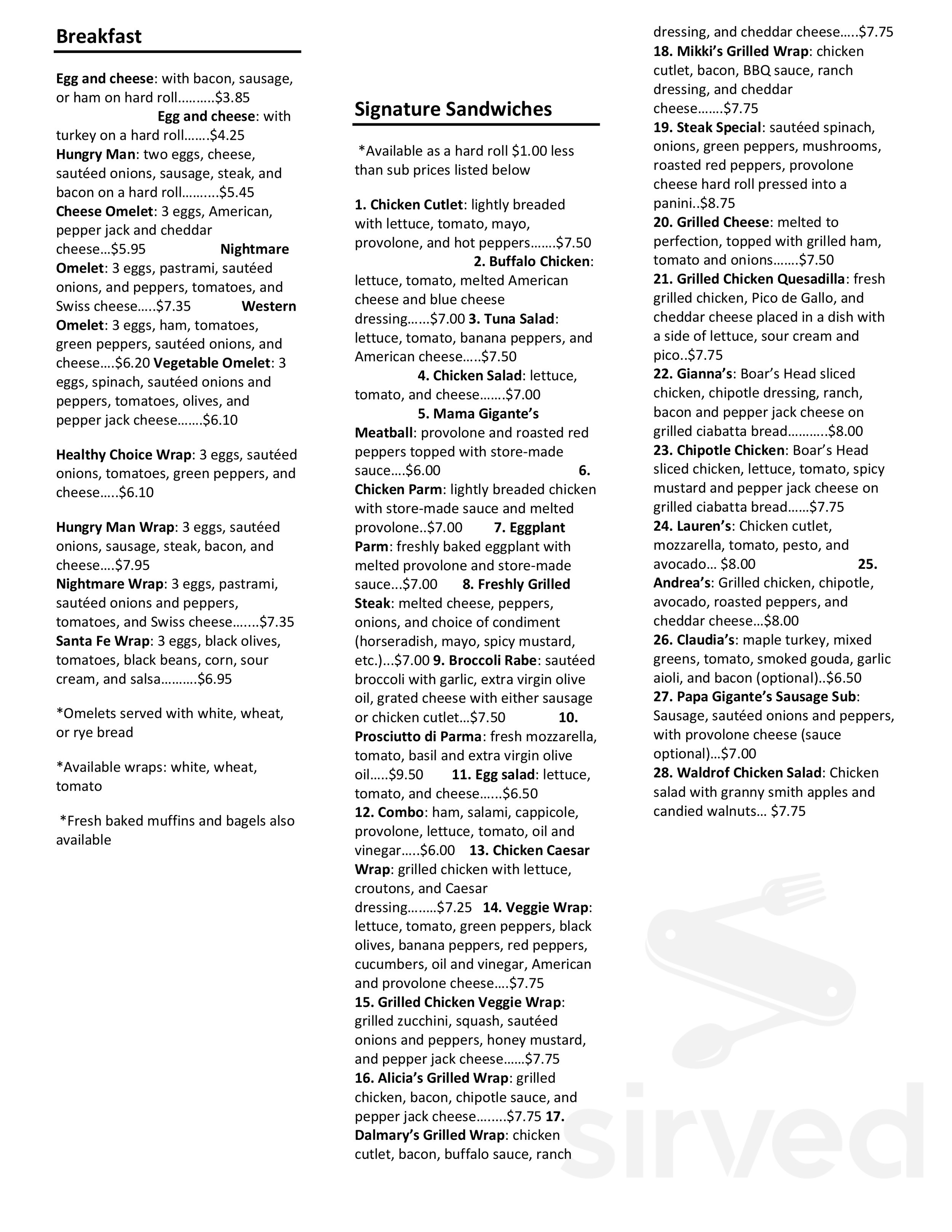 Menu for Cousins Cafe & Deli in Wallingford, CT | Sirved