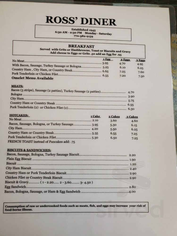 Menu for Ross Diner in Cartersville, GA | Sirved