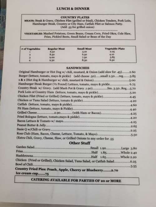 Ross Diner menu in Cartersville, Georgia, USA
