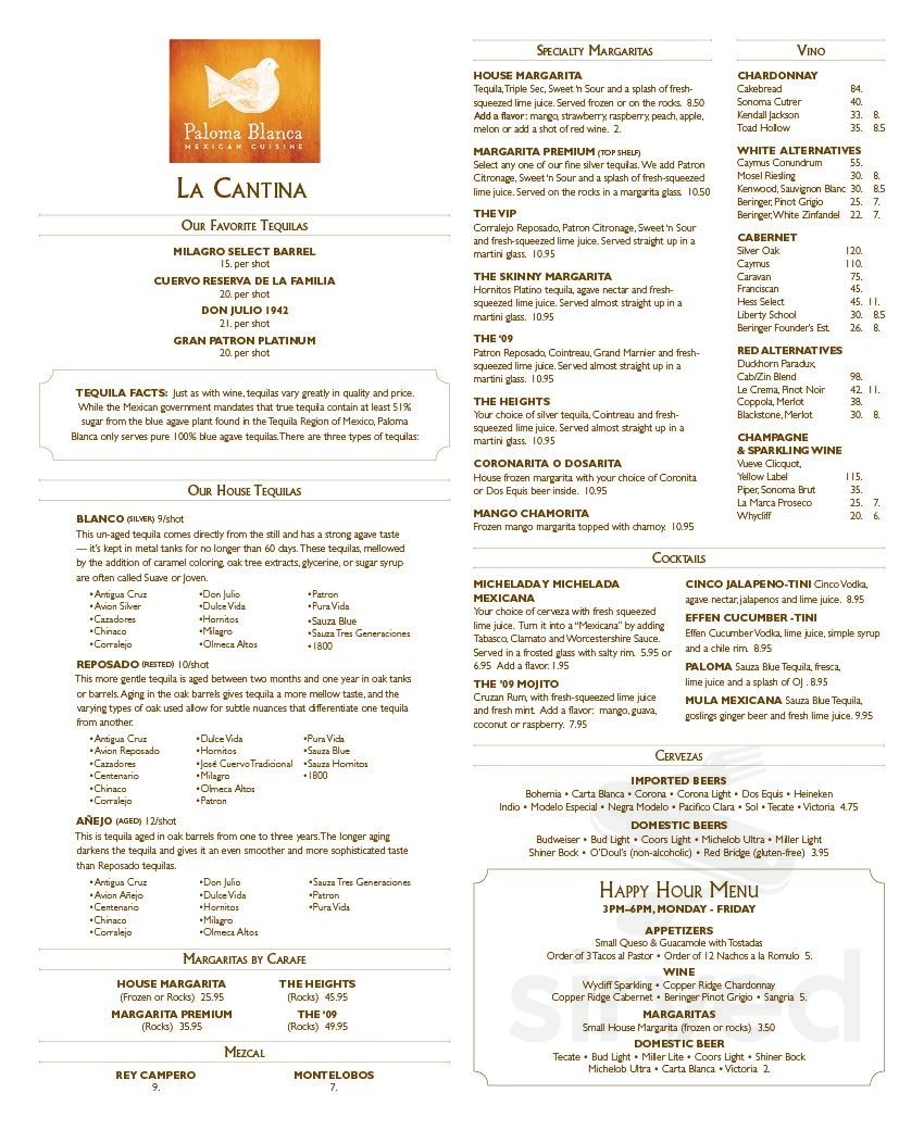 Paloma Blanca Mexican Cuisine menu in San Antonio, Texas, USA
