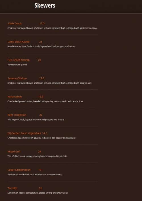 Skewers Mediterranean Grille menu in Indialantic, Florida, USA