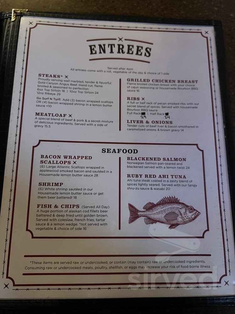 Robbers Roost Restaurant and Bar menu in Cornville, Arizona, USA