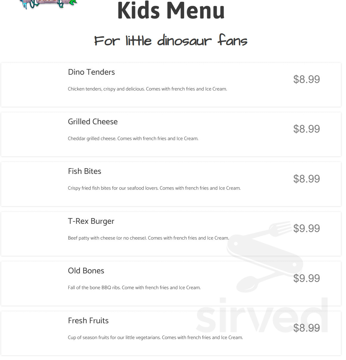 DinoLand Cafe menu in Myrtle Beach, South Carolina, USA