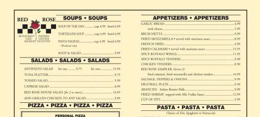 Menu for Red Rose Pizzeria in Springfield, MA | Sirved