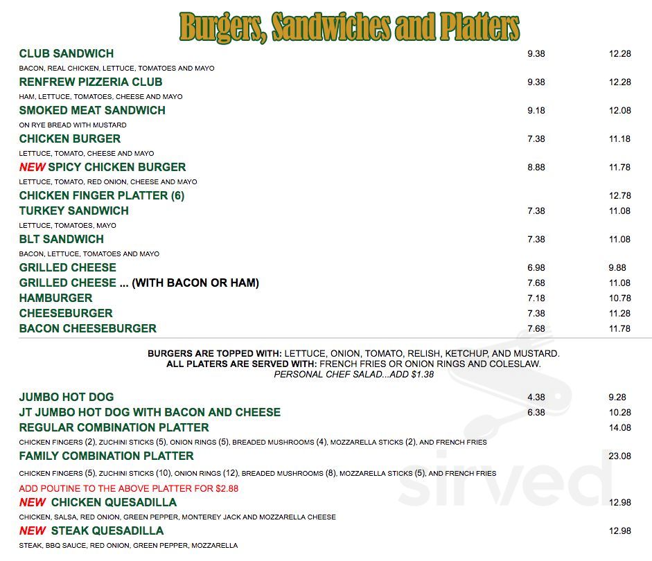 Renfrew Pizzerria menu in Renfrew, Ontario, Canada