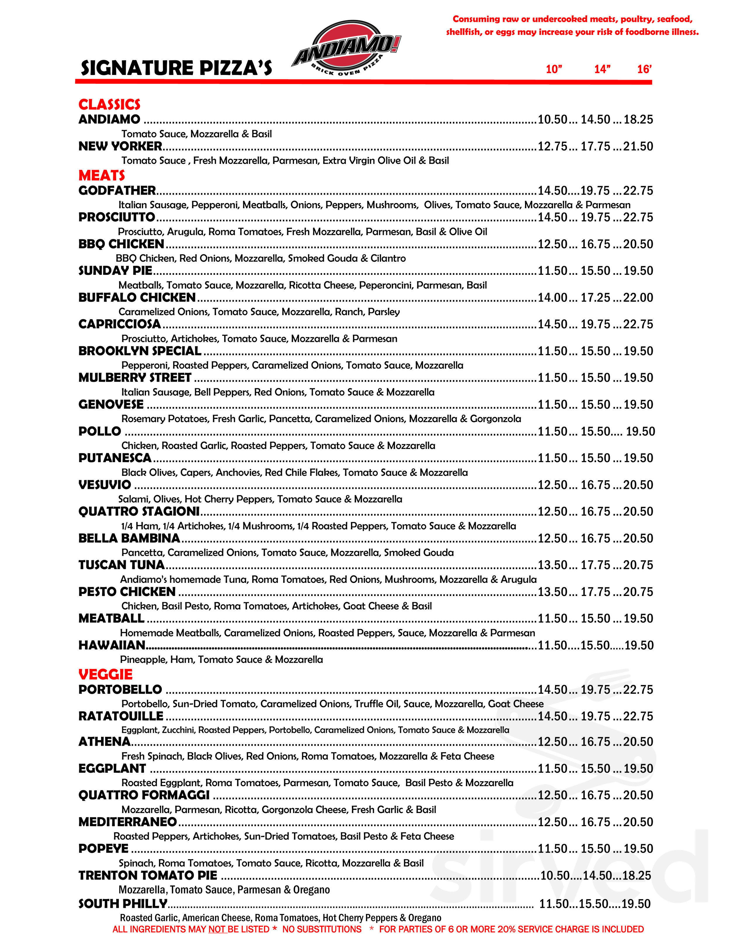 Andiamo! Brick Oven Pizza menu in Miami, Florida, USA