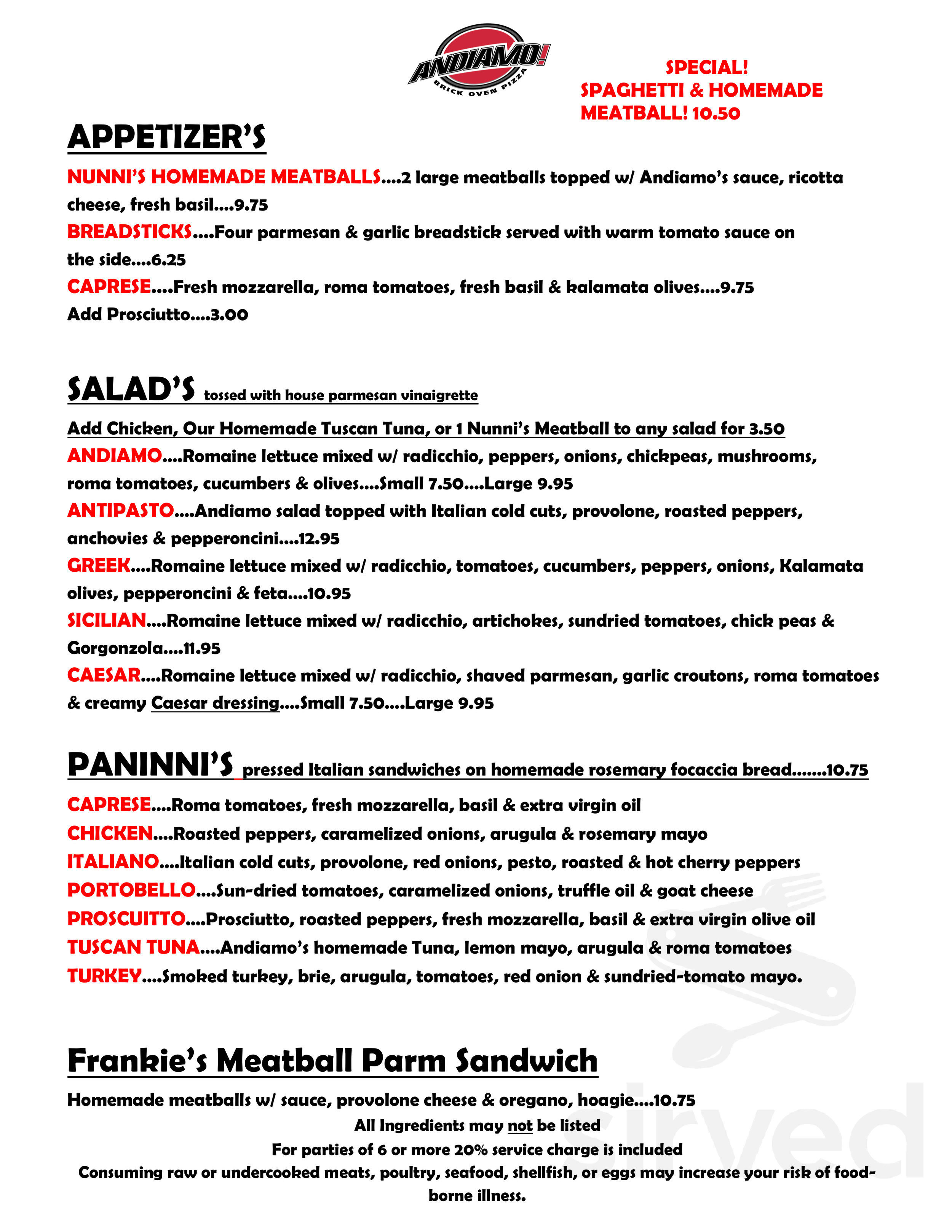 Andiamo! Brick Oven Pizza menu in Miami, Florida, USA