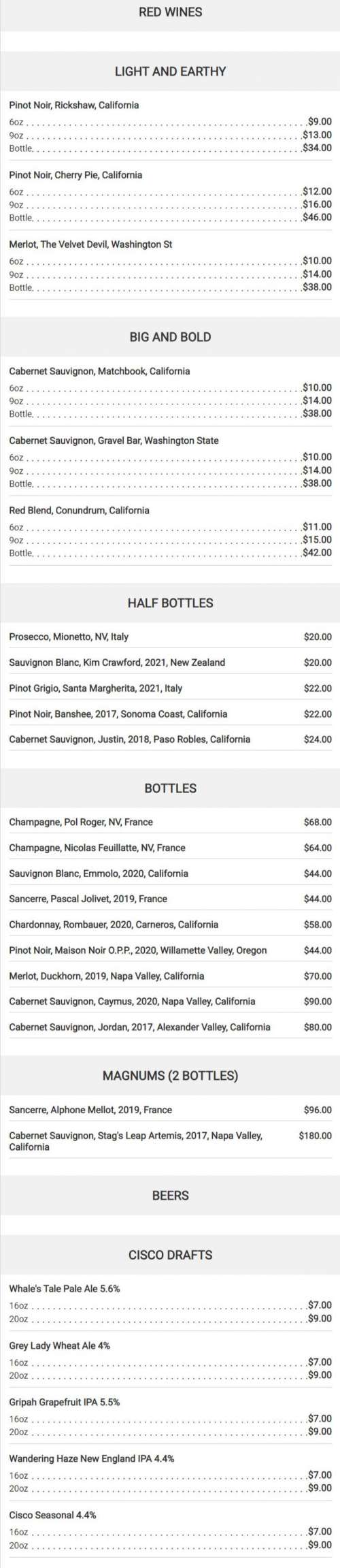 Cisco Brewers Kitchen & Bar menu in New Bedford, Massachusetts, USA