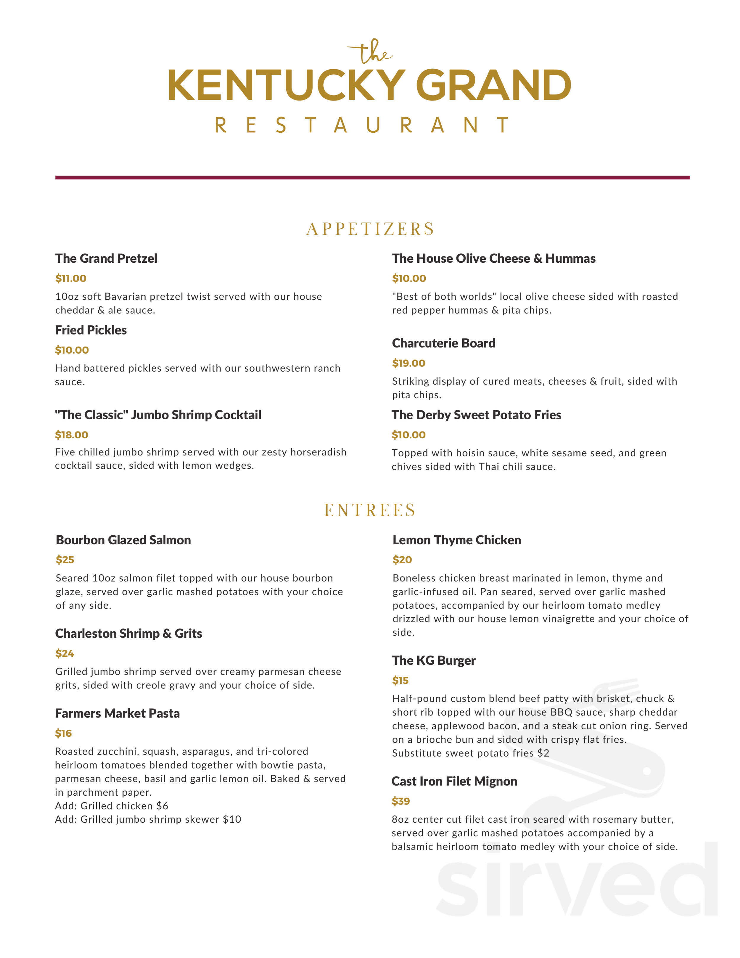 The Kentucky Grand Restaurant menu in Bowling Green, Kentucky, USA