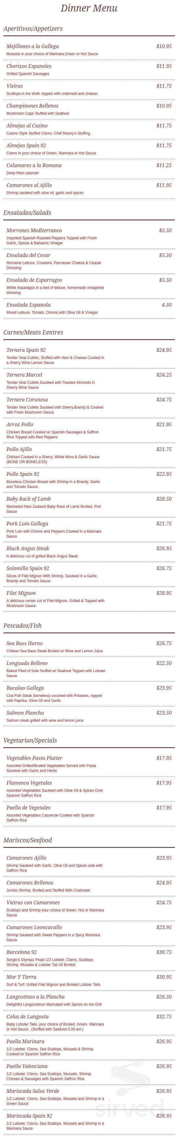 Menu for Spain 92 in Raritan, NJ | Sirved