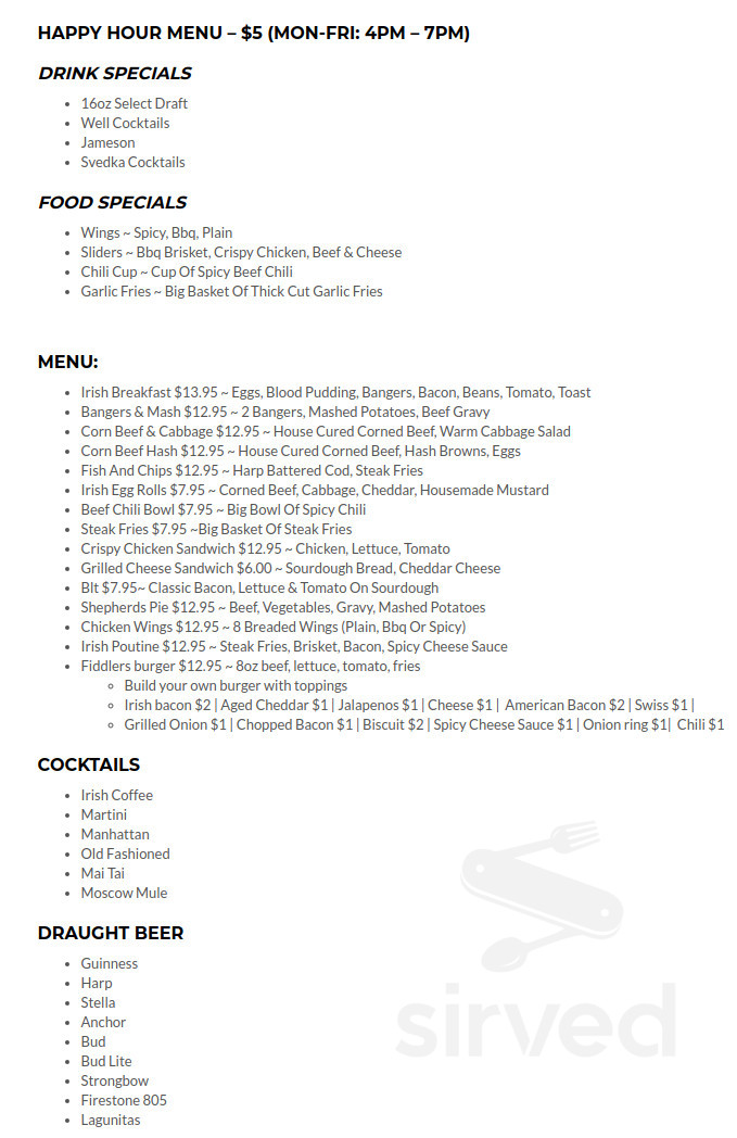 Fiddler's Green of SF menu in San Francisco, California, USA