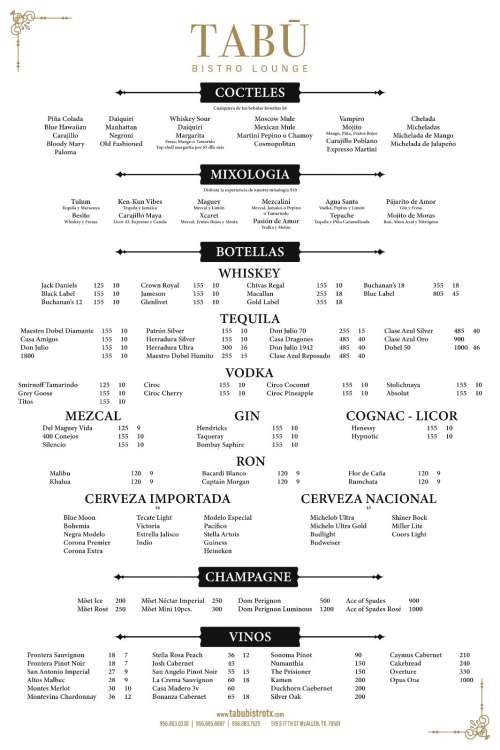 Tabū Bistro Lounge menu in McAllen, Texas, USA
