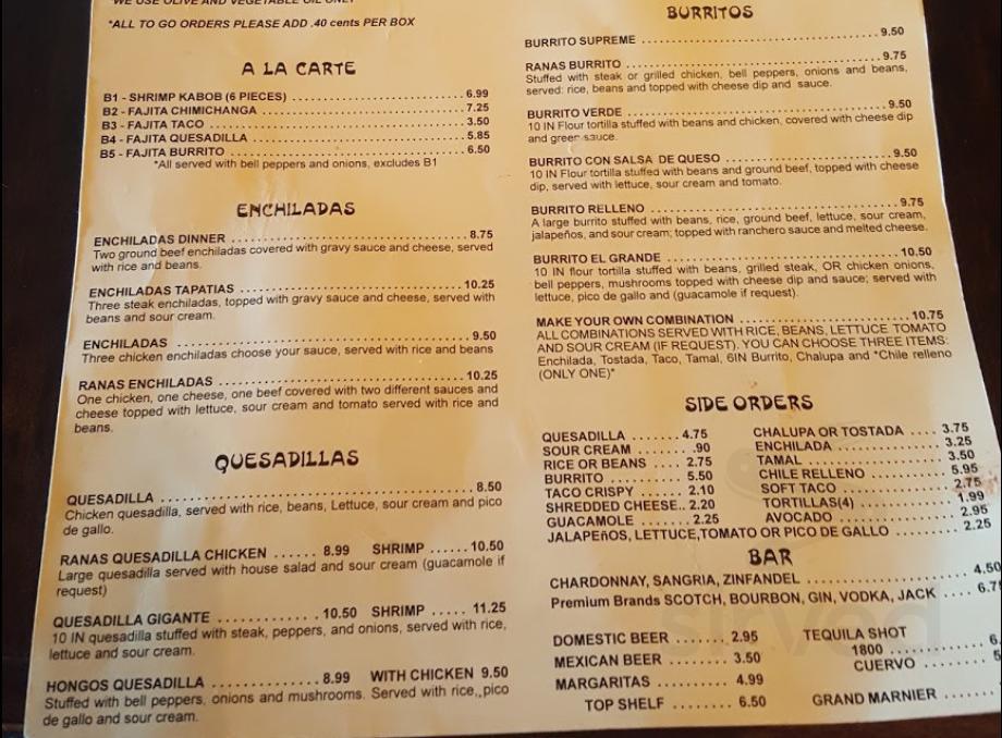 Ranas Mexican Restaurant menu in Lincoln, Alabama, USA