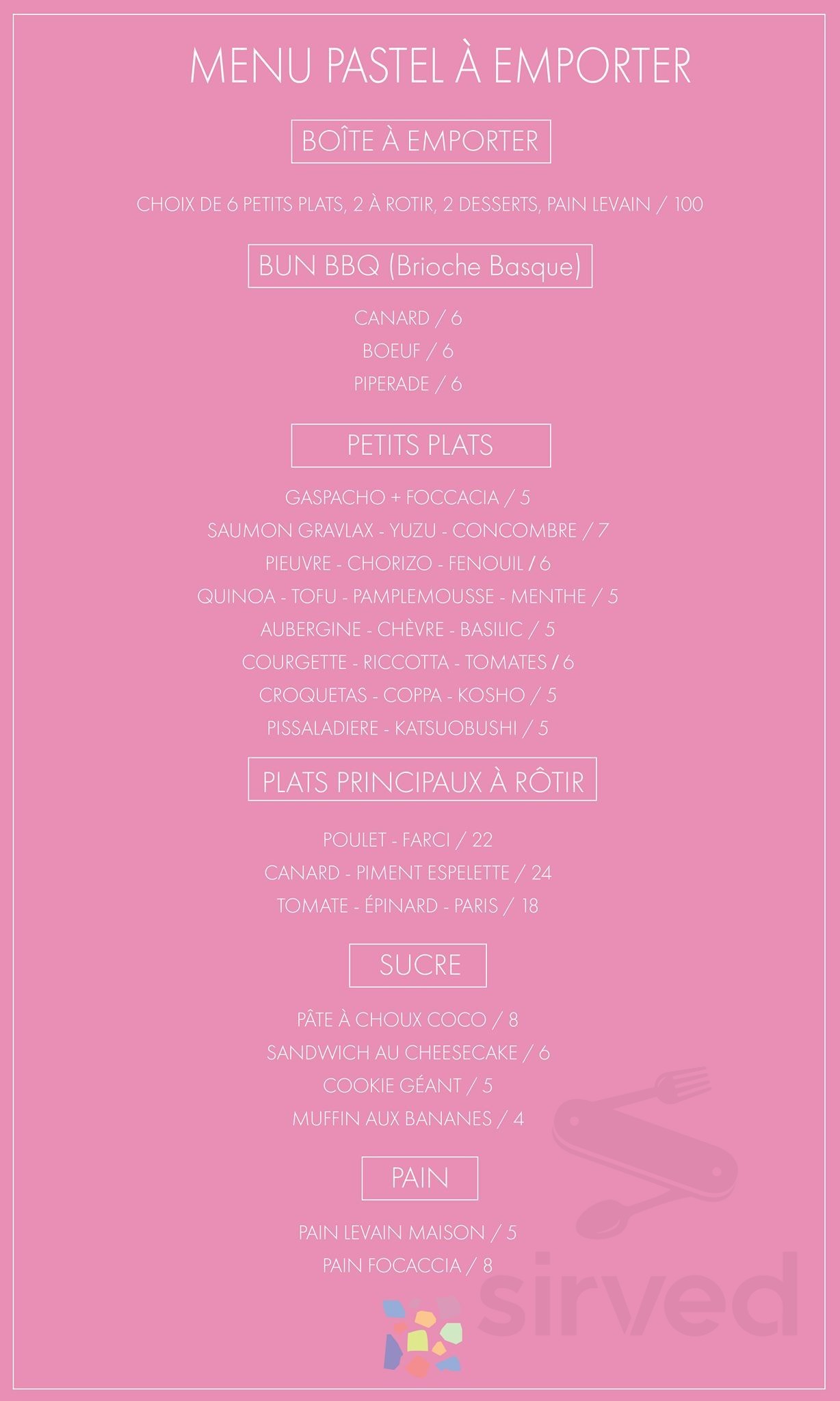 Restaurant Pastel menu in Montreal, Quebec H2Y 2E5, Canada