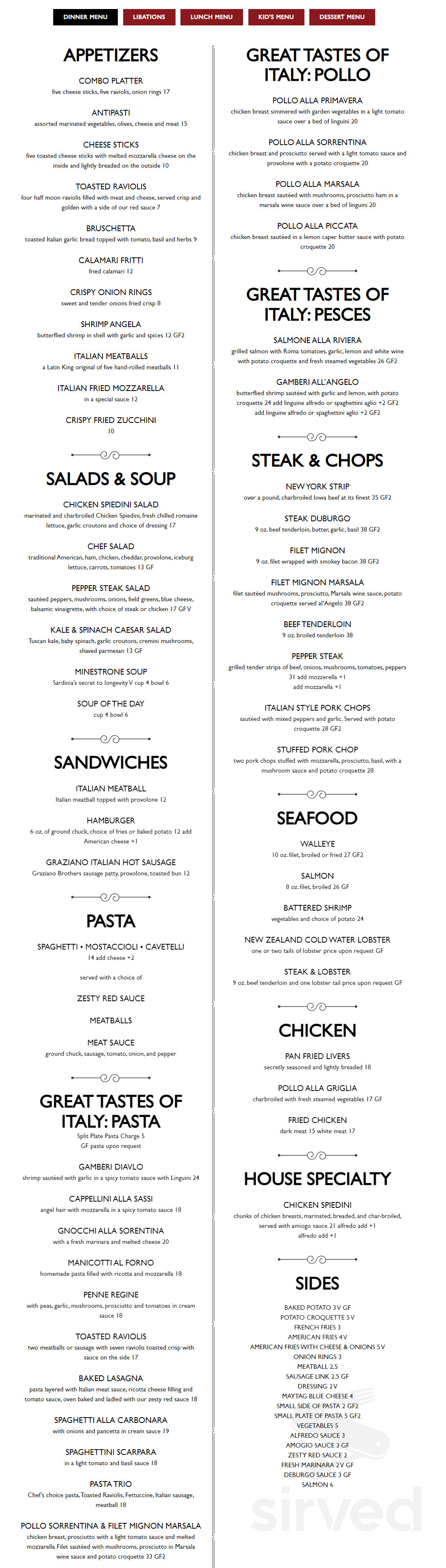 Latin King Italian Dining menu in Des Moines, Iowa, USA