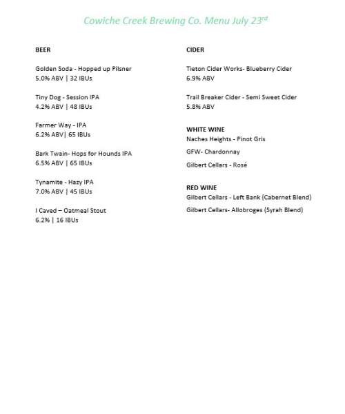 Cowiche Creek Brewing Company menu in Cowiche, Washington, USA