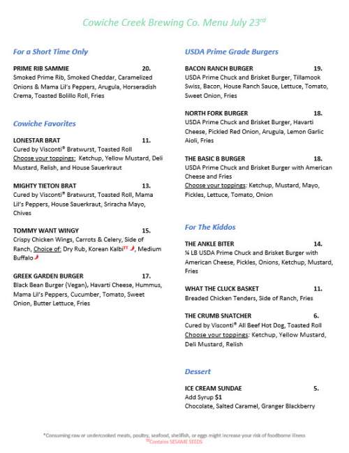 Cowiche Creek Brewing Company menu in Cowiche, Washington, USA