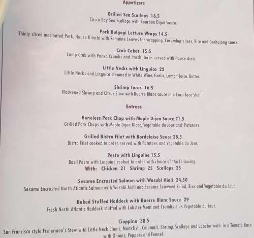 The Cockeyed Gull Restaurant menu in Peaks Island, Maine, USA