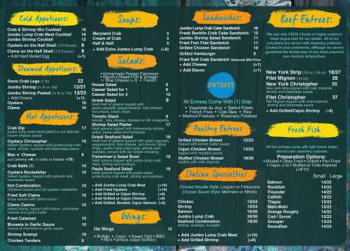 Mo's Seafood menu in Baltimore, Maryland, USA