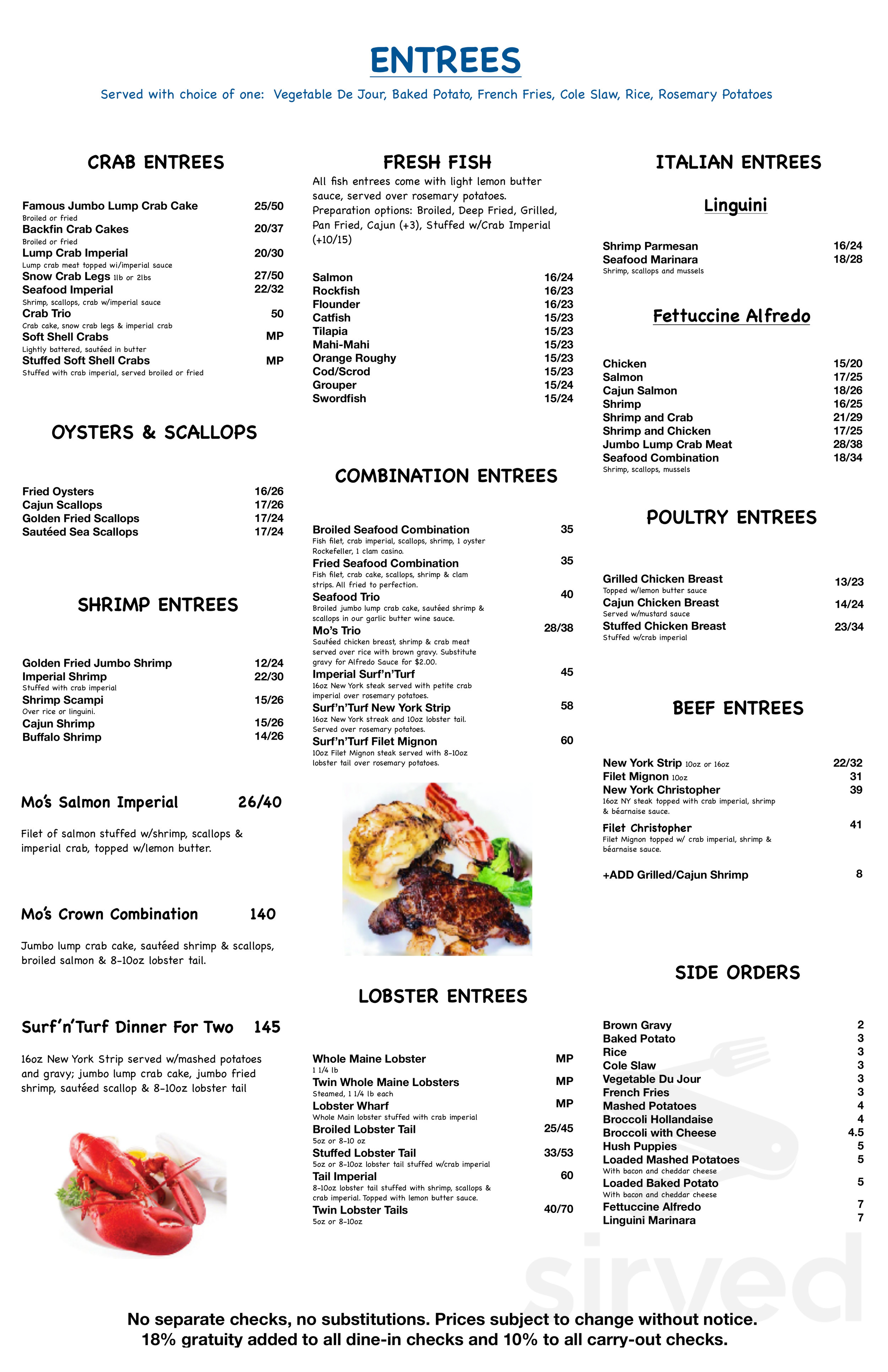 Mo's Seafood menu in Baltimore, Maryland, USA