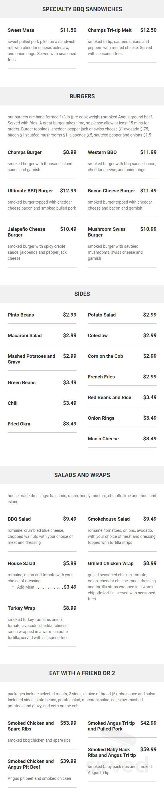 Champs Smokehouse BBQ & Catering menu in Bakersfield, California, USA