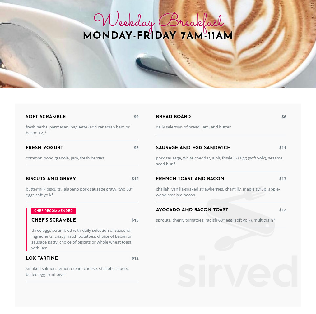 Menu - Houston TX's Common Bond Bistro & Bakery - Montrose | Sirved