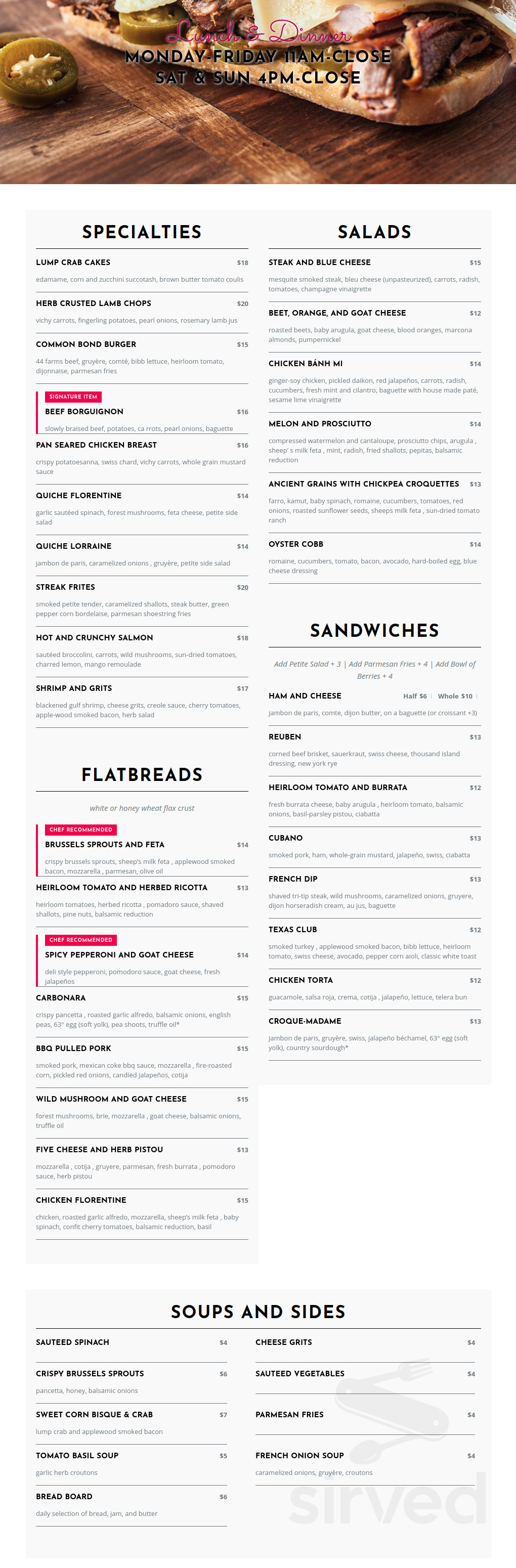 Menu - Houston TX's Common Bond Bistro & Bakery - Montrose | Sirved