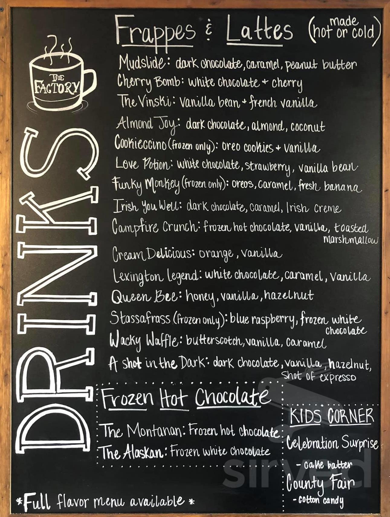 The Factory menu in Lexington, North Carolina, USA