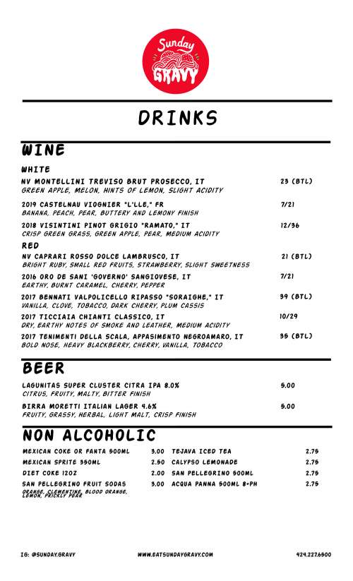 Sunday Gravy menu in Inglewood, California, USA