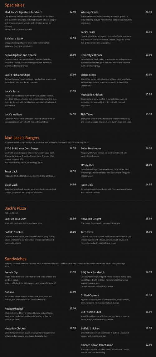 Mad Jacks Sports Cafe menu in Brooklyn Park, Minnesota, USA