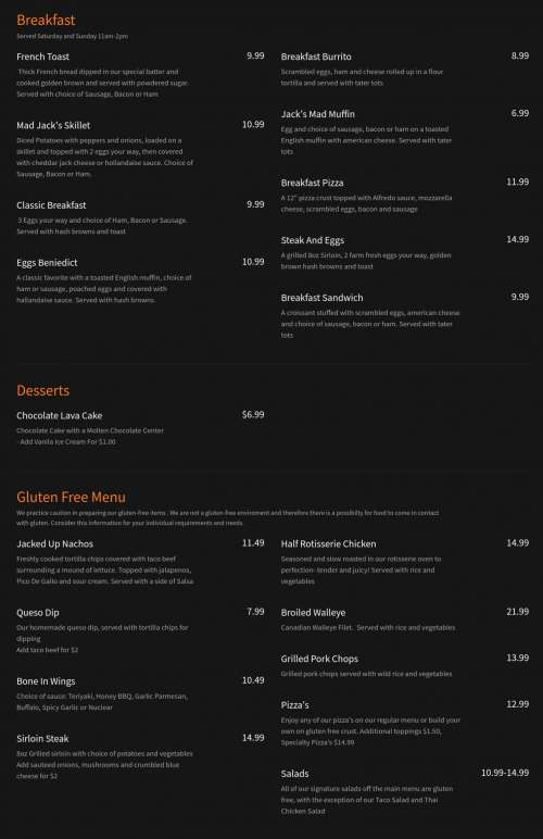 Mad Jacks Sports Cafe menu in Brooklyn Park, Minnesota, USA