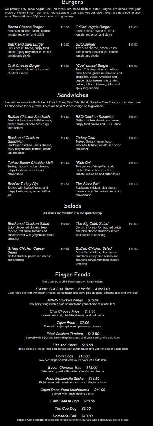 Classic Cue menu in South Lake Tahoe, California, USA