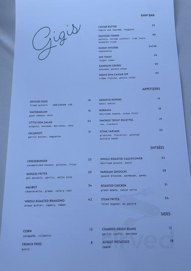 Gigi's menu in Los Angeles, California, USA