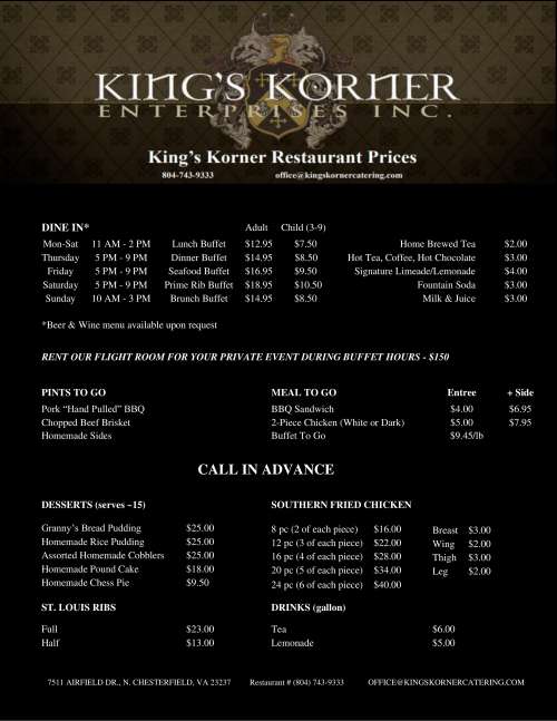 King's Korner Catering and Restaurant menu in North Chesterfield ...