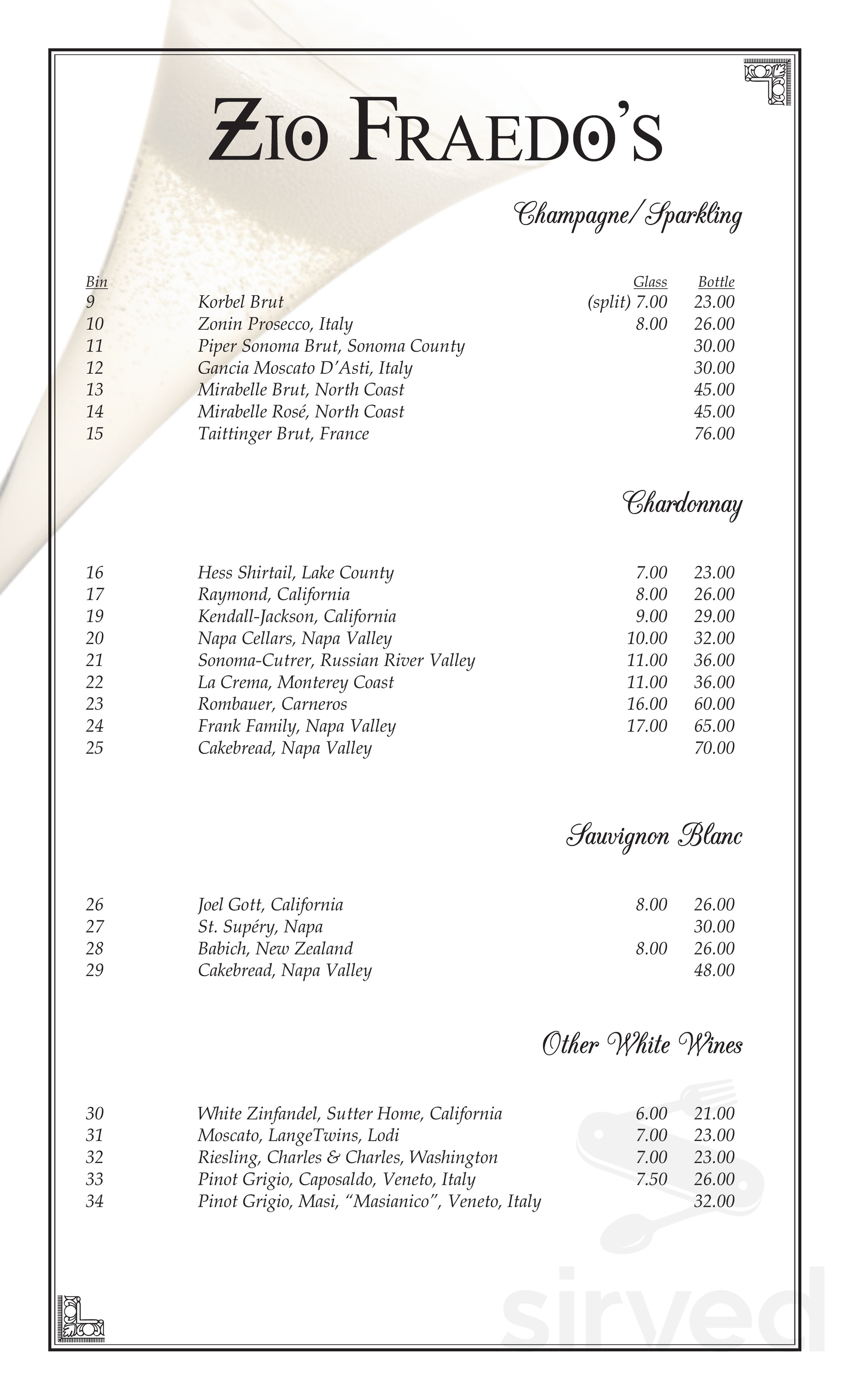 Zio Fraedo's menu in Pleasant Hill, California, USA