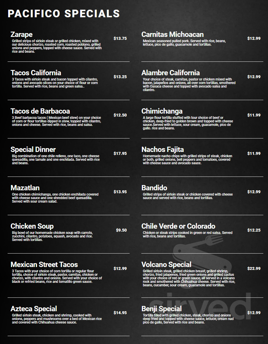 Pacifico Mexican Bar & Grill menus in Sheboygan, Wisconsin, United States