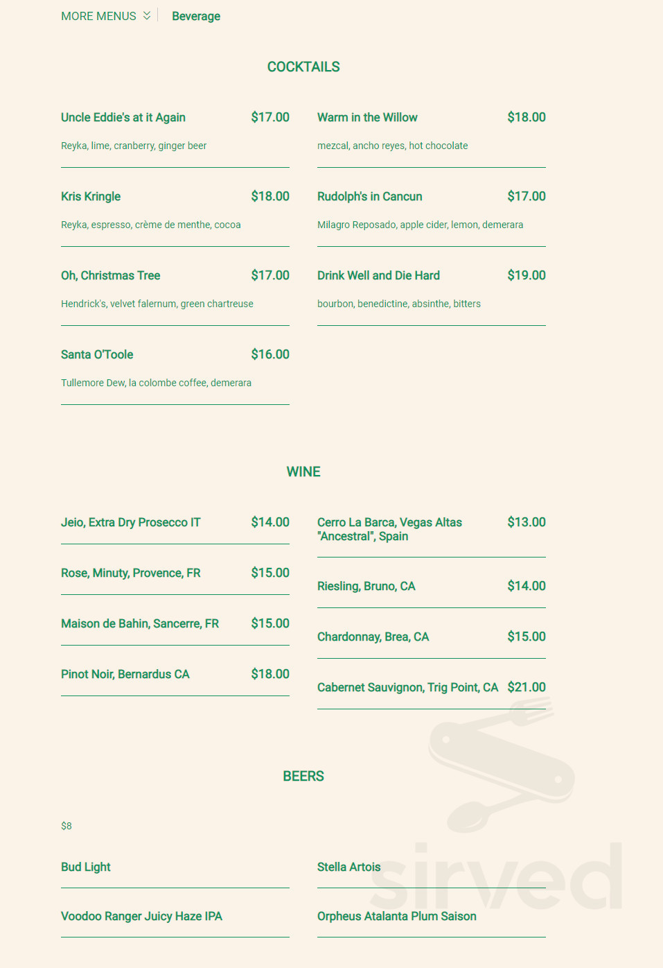 Willow Bar menu in Atlanta, Georgia, USA