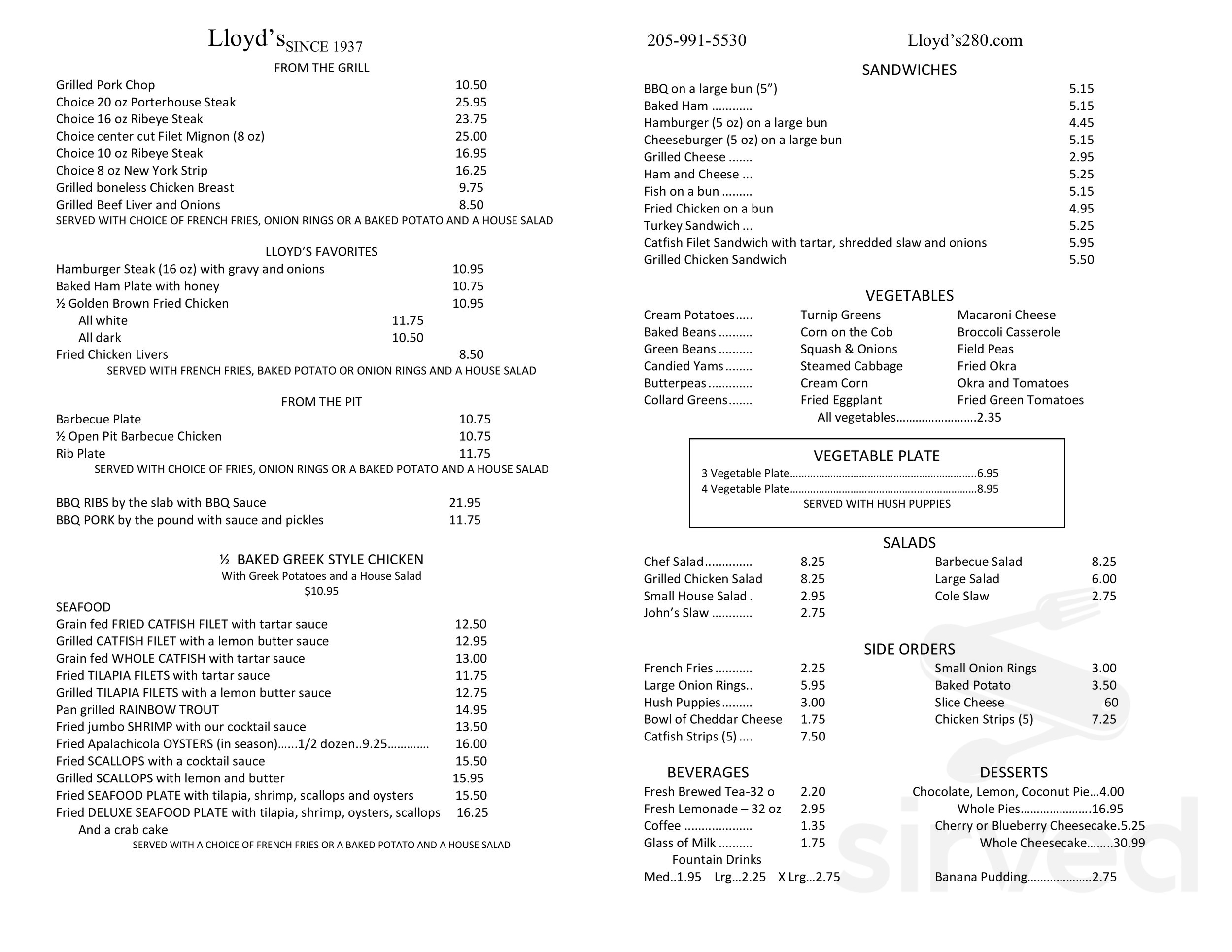 Lloyds Restaurant menu in Birmingham, Alabama, USA
