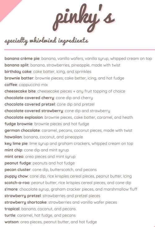 Pinky's menu in Tremont, Illinois, USA