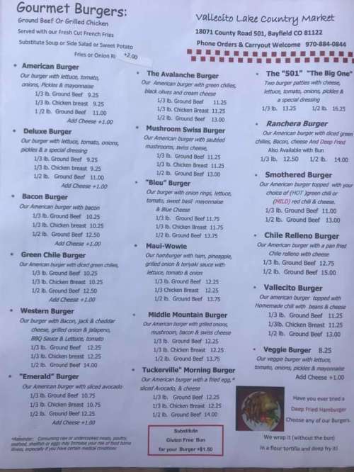 Vallecito Lake Country Market menu in Bayfield, Colorado, USA
