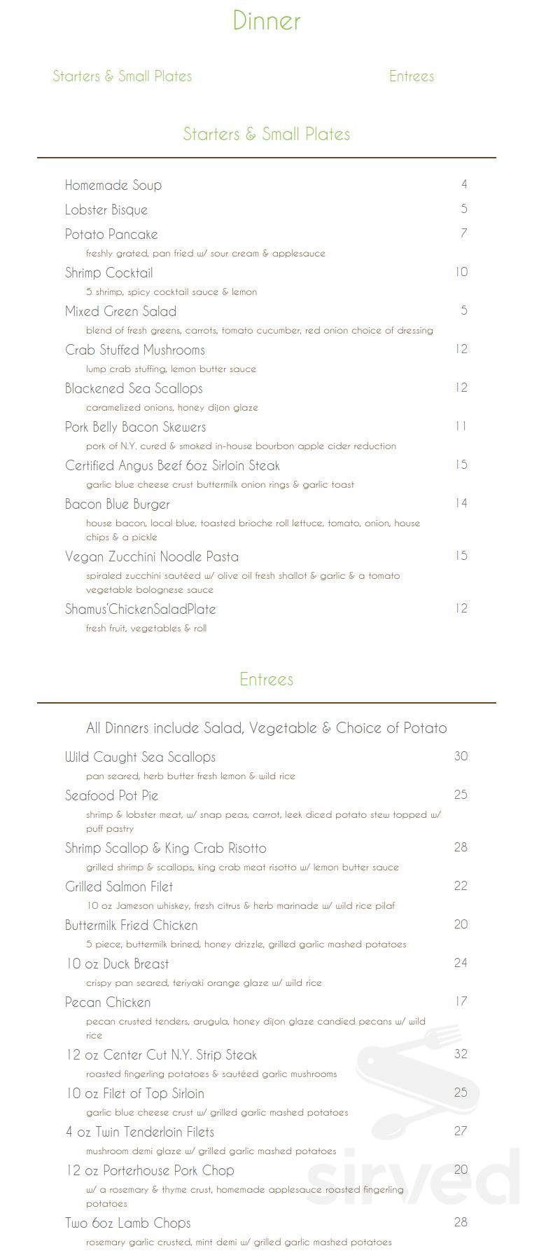 Shamus Restaurant menu in Lockport, New York, USA