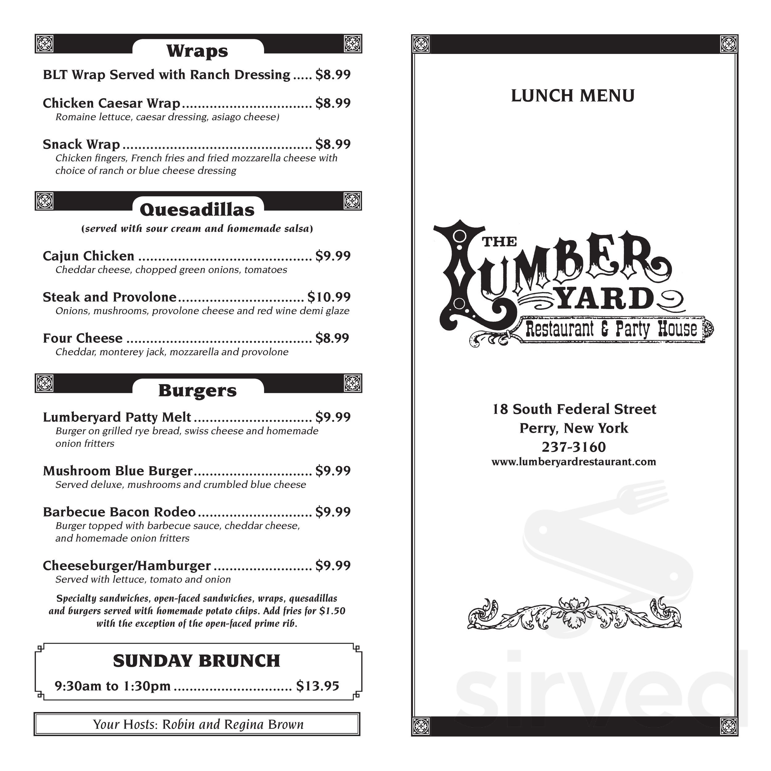 Lumber Yard Restaurant menu in Perry, New York, USA