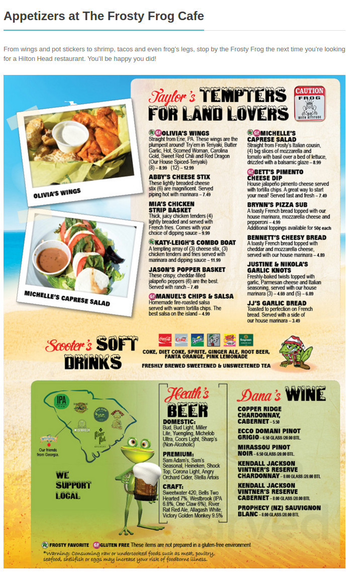 Frosty Frog Cafe menu in Hilton Head Island, South Carolina, USA