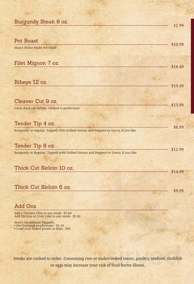 Menu - St Marys PA's Hoss's Steak & Sea House | Sirved