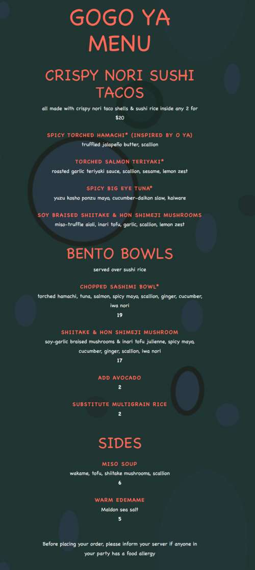 Gogo Ya menu in Boston, Massachusetts, USA