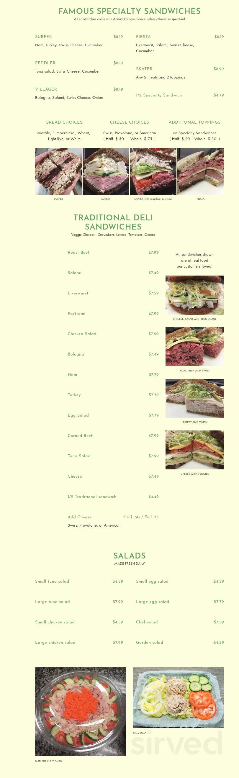 Anna's Deli menu in Sarasota, Florida, USA